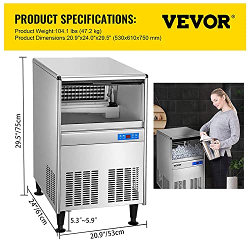 VEVOR 110V Commercial Ice Maker 170LBS/24H with 66LBS Bin, Heavy Duty Stainless Steel Construction, Auto Clean, Clear Cube, Air-Cooled, Include Water Filter and Drain Pump, Scoop and Connection Hose