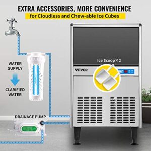 VEVOR 110V Commercial Ice Maker 170LBS/24H with 66LBS Bin, Heavy Duty Stainless Steel Construction, Auto Clean, Clear Cube, Air-Cooled, Include Water Filter and Drain Pump, Scoop and Connection Hose