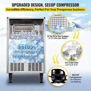 VEVOR 110V Commercial Ice Maker 170LBS/24H with 66LBS Bin, Heavy Duty Stainless Steel Construction, Auto Clean, Clear Cube, Air-Cooled, Include Water Filter and Drain Pump, Scoop and Connection Hose