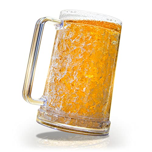 Granatan Double Walled Frozen Beer Mugs For Freezer, 16 oz Clear Beer Mug with Handle