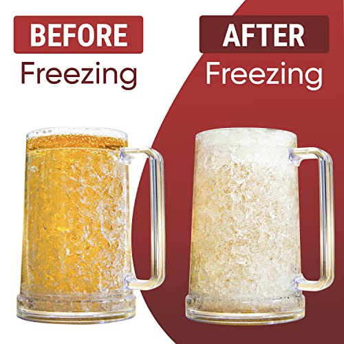 Granatan Double Walled Frozen Beer Mugs For Freezer, 16 oz Clear Beer Mug with Handle