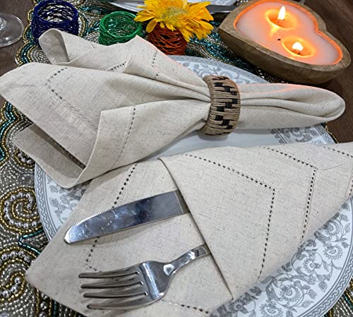 Linen Flax Cotton Cloth Dinner Napkin 18x18 Natural with Hemstitched,Wedding Napkins, Cocktails Napkins, Fabric Napkins, Cotton Napkins Mitered Corners, Machine Washable Dinner Napkins, Set of 12