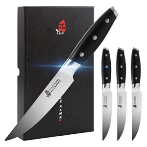 tuo steak knife - 5 inch professional kitchen steak knife set 4 table dinner knife - german hc stainless steel - non slip pakkawood handle - black hawk series including gift box