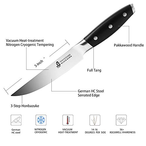 TUO Steak Knife - 5 inch Professional Kitchen Steak Knife Set 4 Table Dinner Knife - German HC Stainless Steel - Non Slip Pakkawood Handle - BLACK HAWK SERIES Including Gift Box