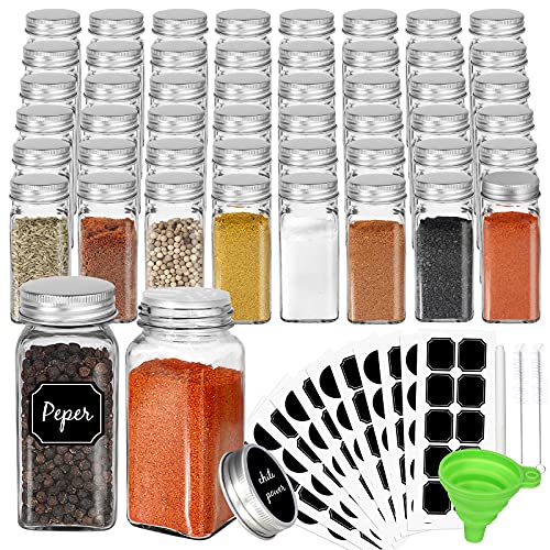 CycleMore 48 Pack 4oz Glass Spice Jars Bottles, Square Spice Containers with Silver Metal Caps and Pour/Sift Shaker Lid-80pcs Black Labels,1pcs Silicone Collapsible Funnel and 2pcs Brush Included