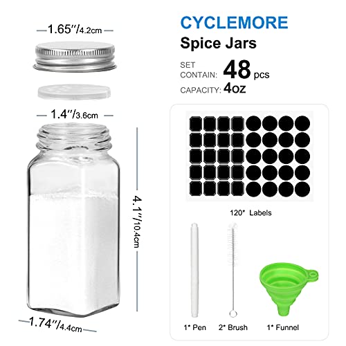 CycleMore 48 Pack 4oz Glass Spice Jars Bottles, Square Spice Containers with Silver Metal Caps and Pour/Sift Shaker Lid-80pcs Black Labels,1pcs Silicone Collapsible Funnel and 2pcs Brush Included