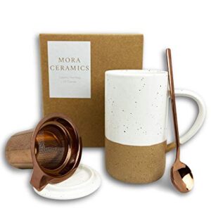 Mora Ceramics Tea Cup with Loose Leaf Infuser, Spoon and Lid, 12 oz, Microwave and Dishwasher Safe Coffee Mug - Rustic Matte Ceramic Glaze, Modern Herbal Tea Strainer - Great Gift for Women, Petro