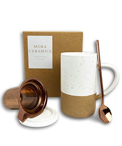 Mora Ceramics Tea Cup with Loose Leaf Infuser, Spoon and Lid, 12 oz, Microwave and Dishwasher Safe Coffee Mug - Rustic Matte Ceramic Glaze, Modern Herbal Tea Strainer - Great Gift for Women, Petro