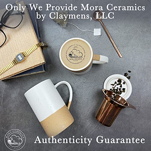 Mora Ceramics Tea Cup with Loose Leaf Infuser, Spoon and Lid, 12 oz, Microwave and Dishwasher Safe Coffee Mug - Rustic Matte Ceramic Glaze, Modern Herbal Tea Strainer - Great Gift for Women, Petro