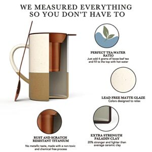 Mora Ceramics Tea Cup with Loose Leaf Infuser, Spoon and Lid, 12 oz, Microwave and Dishwasher Safe Coffee Mug - Rustic Matte Ceramic Glaze, Modern Herbal Tea Strainer - Great Gift for Women, Petro