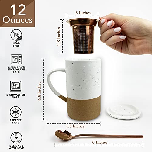 Mora Ceramics Tea Cup with Loose Leaf Infuser, Spoon and Lid, 12 oz, Microwave and Dishwasher Safe Coffee Mug - Rustic Matte Ceramic Glaze, Modern Herbal Tea Strainer - Great Gift for Women, Petro