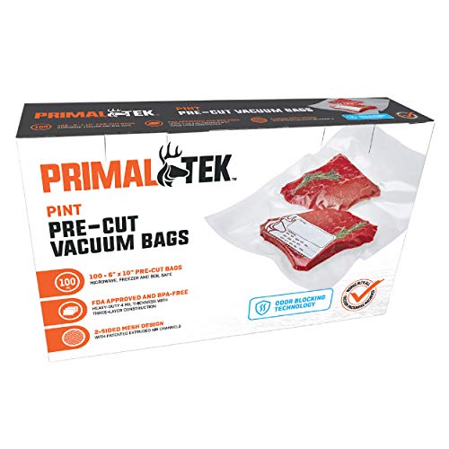 PrimalTek 6” x 10” Pre-Cut Vacuum Bags – 100 Pint Bags for Food Preservation – BPA-Free Vacuum Sealer Bags, Microwave, Freezer and Boil Safe, Compatible with any Vacuum Sealer Machine