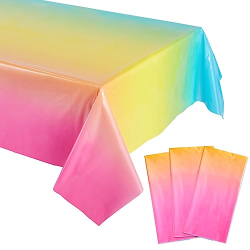 Sparkle and Bash 3 Pack Plastic Ombre Rainbow Tablecloth, Pastel Table Covers for Birthday Party Decorations (54x108 in)