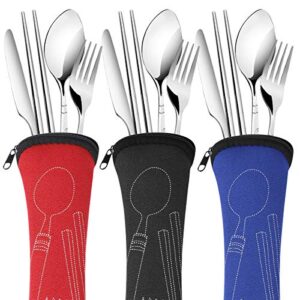 arroyner 3 pack reusable flatware sets knife, fork, spoon, chopsticks, 12pcs portable travel stainless steel tableware dinnerware with carrying case