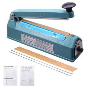 8 inch 200mm impulse bag sealer, manual bag sealer heat seal closer, adjustable timer electric heat seal closer packaging sealer with 2 free replacement kit, blue