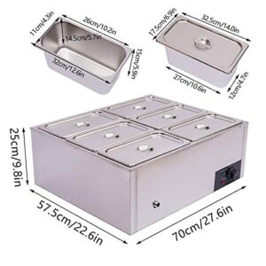 6 Pot Commercial Food Warmer 110V Buffet Food Warming Tray, 850W Countertop Electric Table Steamer Stainless Steel Soup Pot 30 to 85° Adjustable 6-Pan Food Warmer for Catering, Restaurants