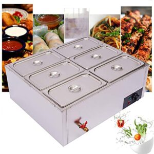 6 Pot Commercial Food Warmer 110V Buffet Food Warming Tray, 850W Countertop Electric Table Steamer Stainless Steel Soup Pot 30 to 85° Adjustable 6-Pan Food Warmer for Catering, Restaurants