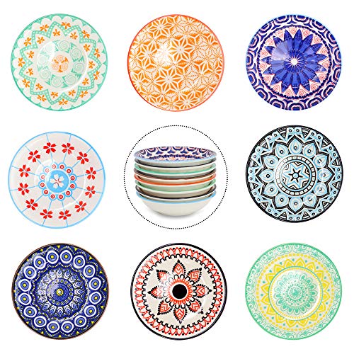 Farielyn-X 3 oz Round Soy Sauce Dipping Bowls Set of 8, Porcelain Side Dishes/Plates for Snack Sushi Ketchup Condiments Appetizer Dessert, 4 Inch Small Pinch Bowls for Kitchen Prep, Assorted Patterns