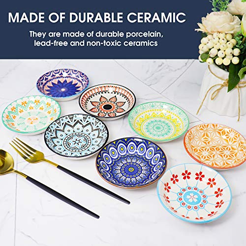 Farielyn-X 3 oz Round Soy Sauce Dipping Bowls Set of 8, Porcelain Side Dishes/Plates for Snack Sushi Ketchup Condiments Appetizer Dessert, 4 Inch Small Pinch Bowls for Kitchen Prep, Assorted Patterns