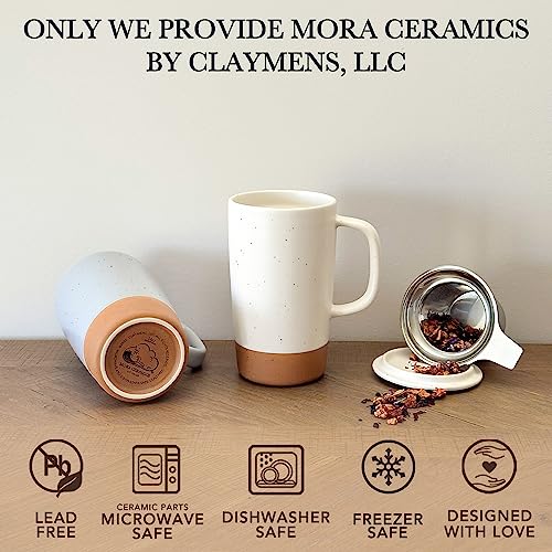 Mora Ceramics Large Tea Mug with Loose Leaf Infuser and Ceramic Lid, 18 oz, Portable, Microwave and Dishwasher Safe, Tall Coffee Cup - Rustic Matte Ceramic Glaze, Modern Herbal Tea Strainer, Cotton