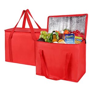 musbus 2-pack xl-large insulated grocery shopping bags, red, reusable, heavy duty, zipped zipper,collapsible,tote,cooler,groceries,for car,recycled material warm foldable bag