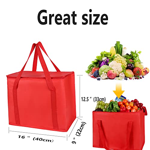 musbus 2-Pack XL-Large Insulated Grocery shopping bags, Red, Reusable, Heavy Duty, zipped zipper,Collapsible,tote,cooler,groceries,for car,Recycled Material Warm Foldable bag