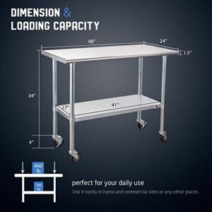 Profeeshaw Stainless Steel Table with Wheels 24x48 Inch, NSF Commercial Kitchen Prep & Work Table with Undershelf and Galvanized Legs for Restaurant, Bar, Utility Room and Garage Heavy Duty Table