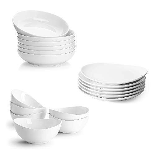 Sweese Porcelain Dinner Plates - 11 Inch and Salad Pasta Bowls - 22 Ounce and Cereal Bowls - 18 Ounce, Set of 6, White