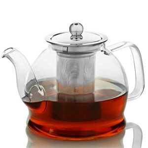 teapot with infuser for loose tea - 33oz, 4 cup tea infuser, clear glass tea kettle pot with strainer & warmer - loose leaf, iced tea maker & brewer