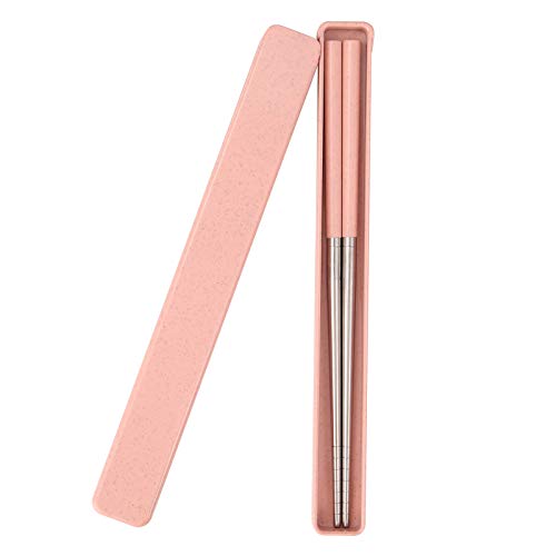 Molizummy 1Pair Portable Chopsticks with Pull Design Case, Reusable Metal Stainless Steel Chopstick with Wheat Straw Handle for School, Home, Office, Outdoor, Bento Box Use, Dishwasher Safe (Pink)