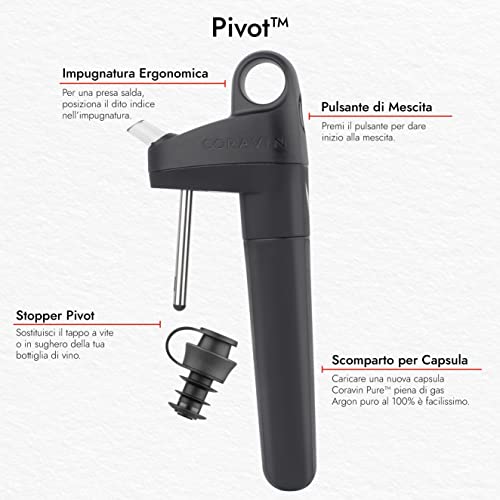 Coravin Pivot Wine Preservation System - Preserve Wine for 4 Weeks - Includes the Pivot System, 1 Capsule, 2 Wine Bottle Stoppers & 1 Bottle Sleeve - By-the-Glass Wine Saver System - Black