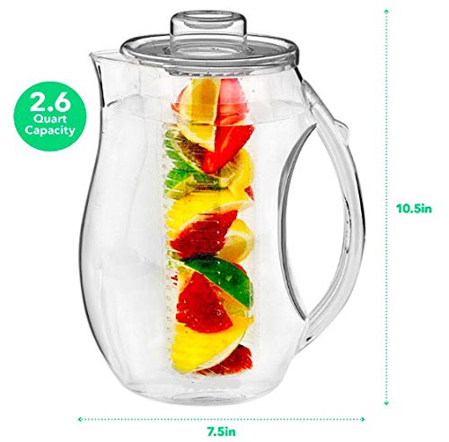 Large Fruit Infuser Water Pitcher (2.9 Quart / 93 Oz) – Shatterproof Acrylic Infusion Jug for Iced Tea, Juice, Beverages, Water, Lemon, Fruit & Herbs – BPA Free