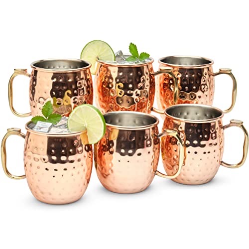 Kitchen Science Moscow Mule Mugs, Stainless Steel Lined Copper Moscow Mule Cups Set of 6 (18oz) | Stainless Steel Mug w/New Thumb Rest | Tarnish-Resistant Steel Interior (2 - Set of 6)