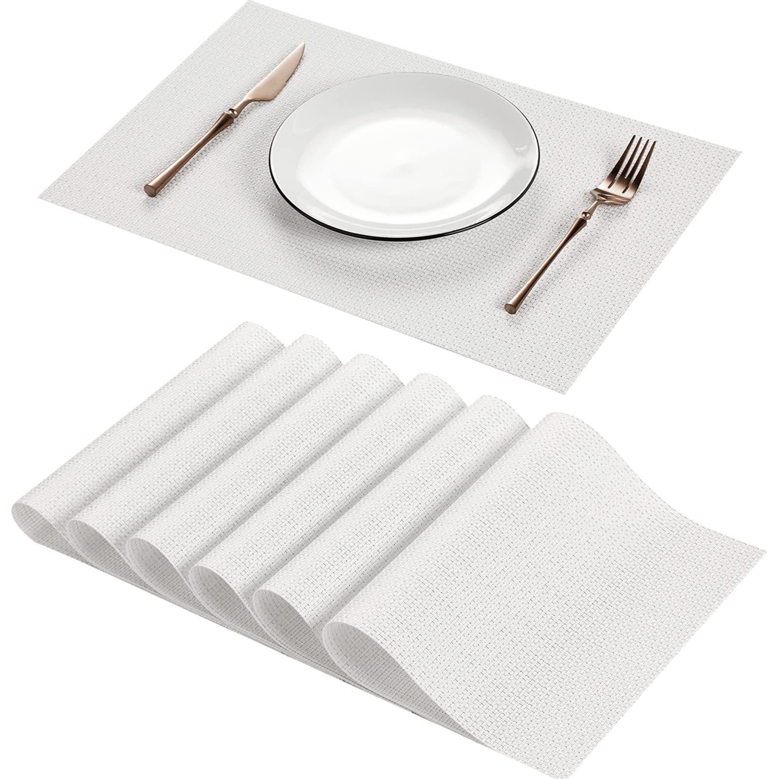 AHHFSMEI Placemats Set of 6 for Dining Table Washable Woven Vinyl Non-Slip Placemat Heat-Resistant Durable Table Mats for Dining Table Easy to Clean（White）