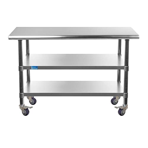 AmGood Stainless Steel Work Table with 2 Shelves and Casters | Metal Utility Table On Wheels (Stainless Steel Work Table with 2 Shelves + Casters, 36" Long x 18" Deep)