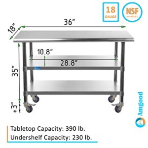 AmGood Stainless Steel Work Table with 2 Shelves and Casters | Metal Utility Table On Wheels (Stainless Steel Work Table with 2 Shelves + Casters, 36" Long x 18" Deep)