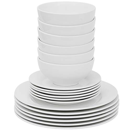 SUPER DEAL Round 18-Piece White Kitchen Dinnerware Set, Service for 6, Plates and Bowls – Microwave, Oven and Dishwasher Safe