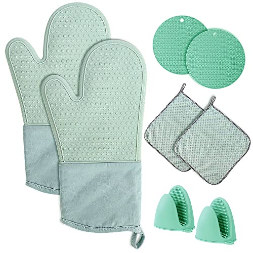 Oven Mitts and Pot Holders Set 8 Pcs, Extra Long Silicone Gloves Kitchen Accessories High Heat Resistant 450 Degree Potholder with Non-Slip Surface Soft Inner Lining for Cooking Baking