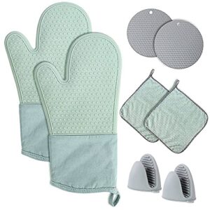 Oven Mitts and Pot Holders Set 8 Pcs, Extra Long Silicone Gloves Kitchen Accessories High Heat Resistant 450 Degree Potholder with Non-Slip Surface Soft Inner Lining for Cooking Baking