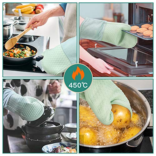 Oven Mitts and Pot Holders Set 8 Pcs, Extra Long Silicone Gloves Kitchen Accessories High Heat Resistant 450 Degree Potholder with Non-Slip Surface Soft Inner Lining for Cooking Baking