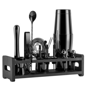 soing 24-piece cocktail shaker set,perfect home bartender kit for drink mixing,stainless steel bar tools with stand,velvet carry bag & recipes cards included (black)