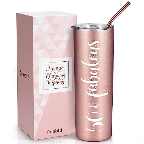 Onebttl 50th Birthday Gifts for Women, Female, Her - 50 and Fabulous - 20oz/590ml Stainless Steel Insulated Tumbler with Straw, Lid, Message Card - (Rose Gold)