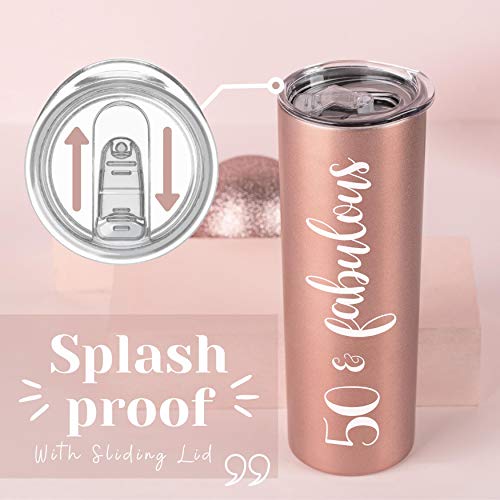 Onebttl 50th Birthday Gifts for Women, Female, Her - 50 and Fabulous - 20oz/590ml Stainless Steel Insulated Tumbler with Straw, Lid, Message Card - (Rose Gold)