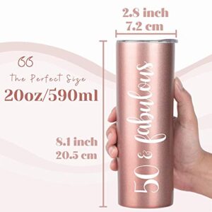 Onebttl 50th Birthday Gifts for Women, Female, Her - 50 and Fabulous - 20oz/590ml Stainless Steel Insulated Tumbler with Straw, Lid, Message Card - (Rose Gold)