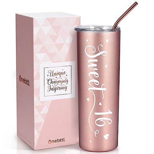 Onebttl Sweet 16 Gifts for Girls, Female, Her - Sweet Sixteen - 20oz/590ml Stainless Steel Insulated Tumbler with Straw, Lid, Message Card - (Rose Gold)