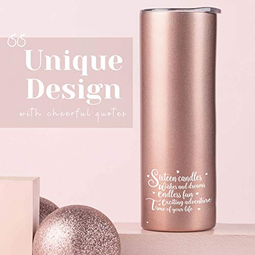 Onebttl Sweet 16 Gifts for Girls, Female, Her - Sweet Sixteen - 20oz/590ml Stainless Steel Insulated Tumbler with Straw, Lid, Message Card - (Rose Gold)