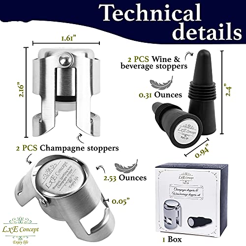 Champagne Stoppers for Sparkling Bottle Sealing - Saver Accessories Toppers for Wine Napa Moet Bottega - Cone-shaped wine stoppers and Dual-sided Stainless Steel Cover Bottles Set (Silver Gray, 2 & 2)