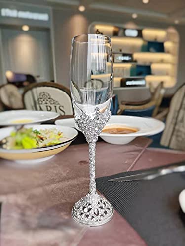 Jozen Gift Champagne Flutes - Crystal Glass Metal Base With Crystal Stones, Set of 2 Toasting Flute Pair, Wedding Anniversary Party Birthday Banquets and Gifts for Bride and Groom7oz