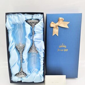 Jozen Gift Champagne Flutes - Crystal Glass Metal Base With Crystal Stones, Set of 2 Toasting Flute Pair, Wedding Anniversary Party Birthday Banquets and Gifts for Bride and Groom7oz