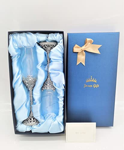 Jozen Gift Champagne Flutes - Crystal Glass Metal Base With Crystal Stones, Set of 2 Toasting Flute Pair, Wedding Anniversary Party Birthday Banquets and Gifts for Bride and Groom7oz